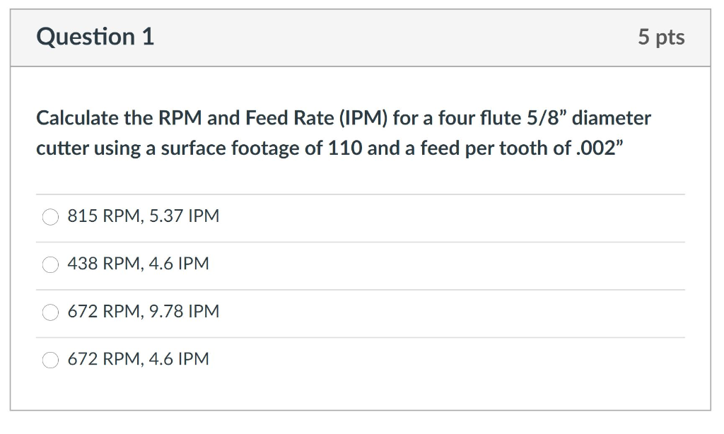 Solved Question 1 5 pts Calculate the RPM and Feed Rate | Chegg.com