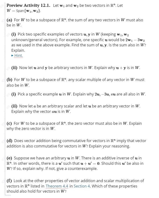Solved Preview Activity 12.1. Let w1 and w2 be two vectors | Chegg.com