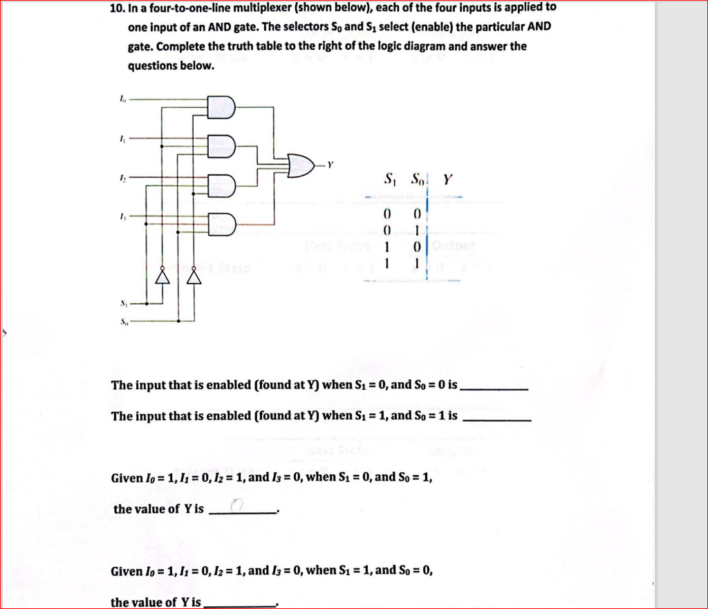 Solved 10. In a four-to-one-line multiplexer (shown below), | Chegg.com