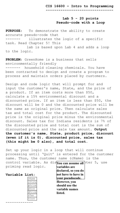 Solved CIS 16600 Intro to Programming Lab 5 20 points | Chegg.com