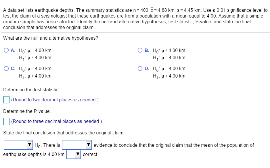 Solved A Data Set Lists Earthquake Depths The Summary 