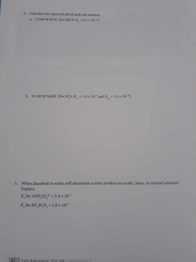 Solved 2. Calculate the expected pH of each salt solution. | Chegg.com