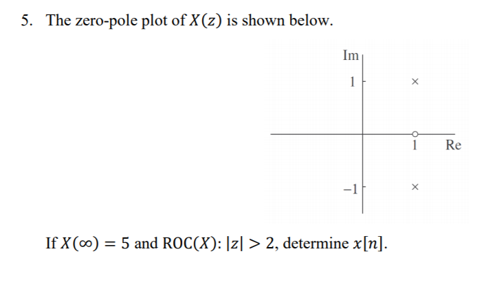 Solved 5. The zero-pole plot of X(z) is shown below. Im 1 х | Chegg.com