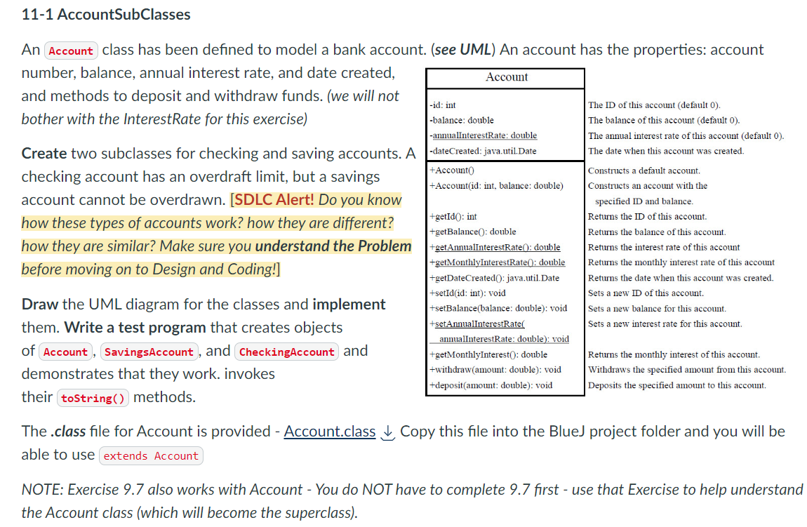 Solved 11-1 AccountSubClasses An class has been defined to | Chegg.com