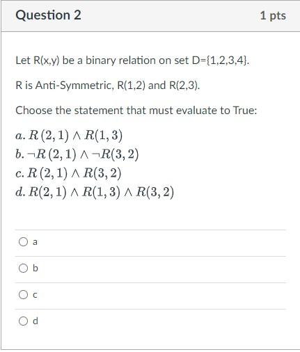 Solved Let R(x,y) be a binary relation on set D={1,2,3,4}. R | Chegg.com