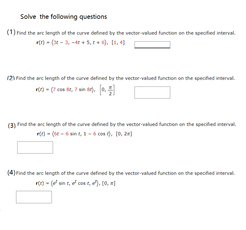 Solved Solve the following questions (1) Find the arc length | Chegg.com