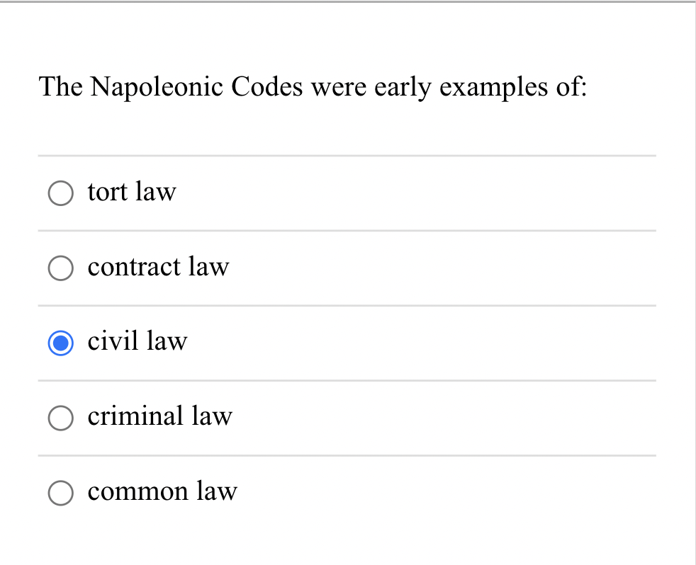 Solved The Napoleonic Codes were early examples of: tort law | Chegg.com