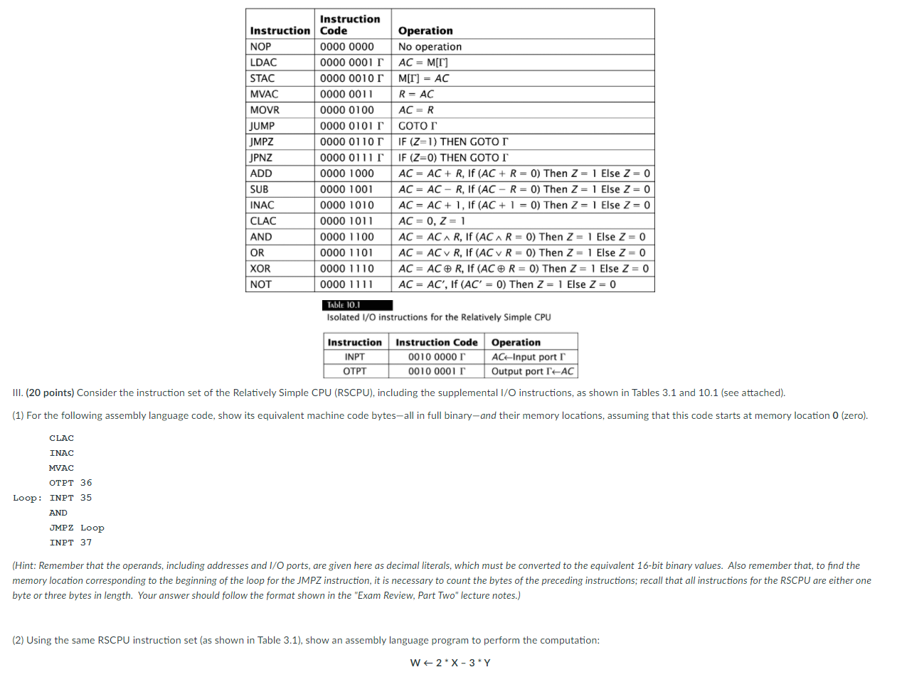 Solved Instruction Instruction Code NOP 0000 0000 LDAC 0000 | Chegg.com