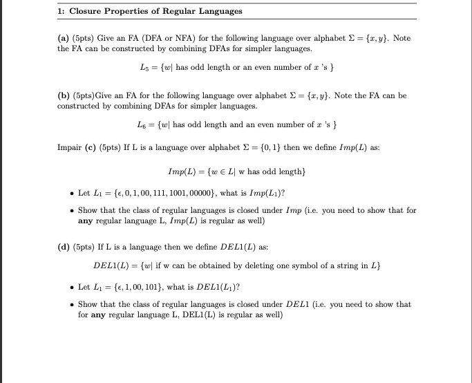 Solved 1: Closure Properties of Regular Languages (a) (5pts) | Chegg.com