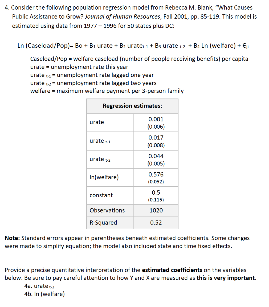 Solved 4. Consider the following population regression model | Chegg.com