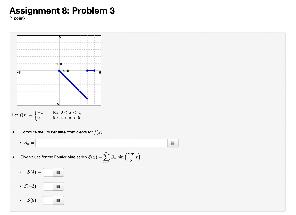 Solved Assignment 8: Problem 3 (1 point) Let f(x)={−x0 for 0 | Chegg.com