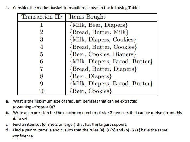 Solved 1. Consider the market basket transactions shown in | Chegg.com