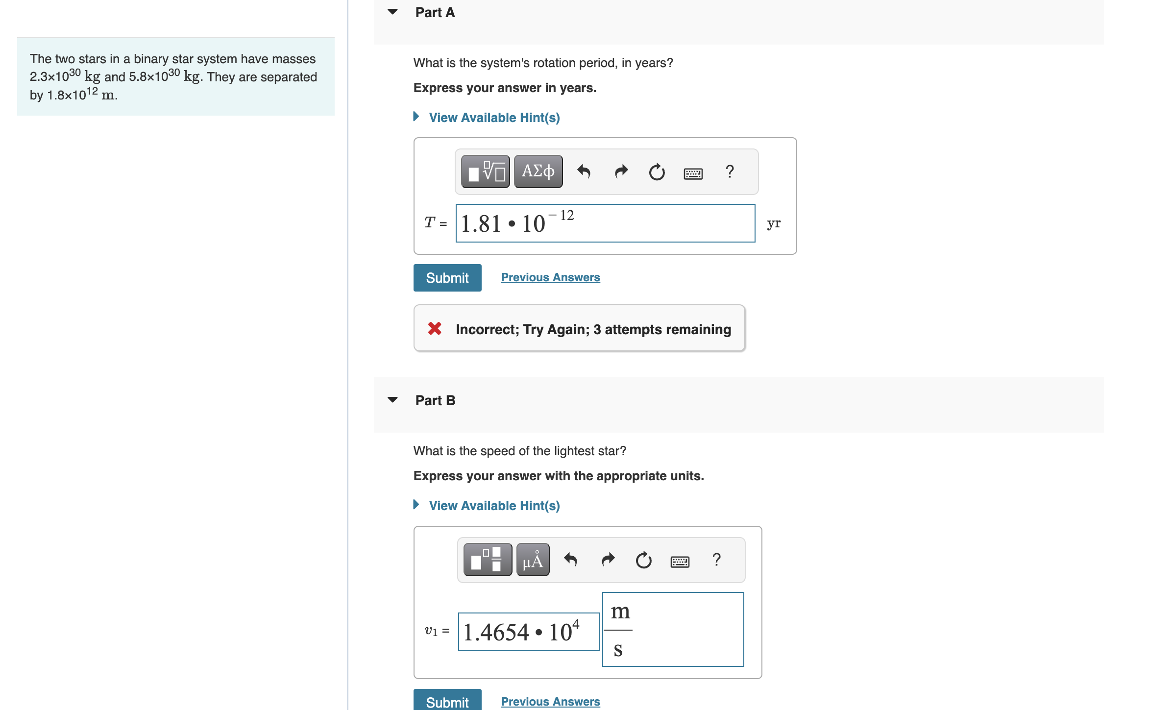 Solved The two stars in a binary star system have masses | Chegg.com