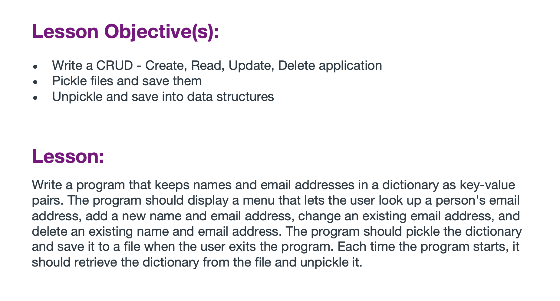Solved Lesson Objective(s): Write a CRUD - Create, Read, | Chegg.com
