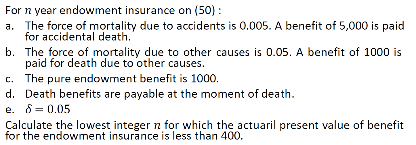 Solved For n year endowment insurance on (50): a. The force | Chegg.com