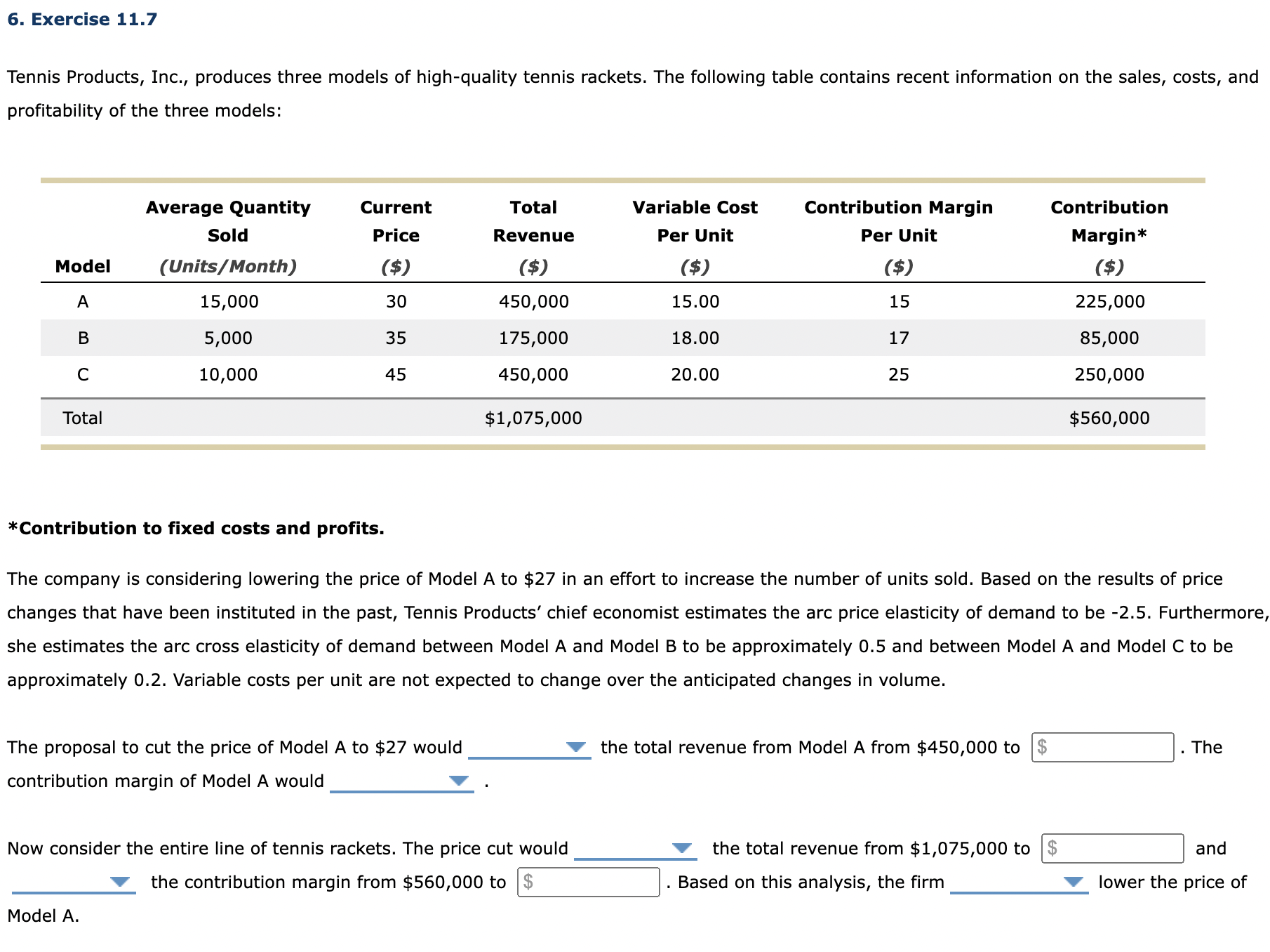Solved Exercise 11.7Tennis Products, Inc., produces three | Chegg.com