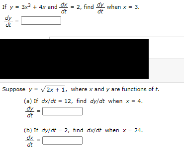 Solved = 2, find when x = 3. dt If y = 3x3 + 4x and dx dt dy | Chegg.com