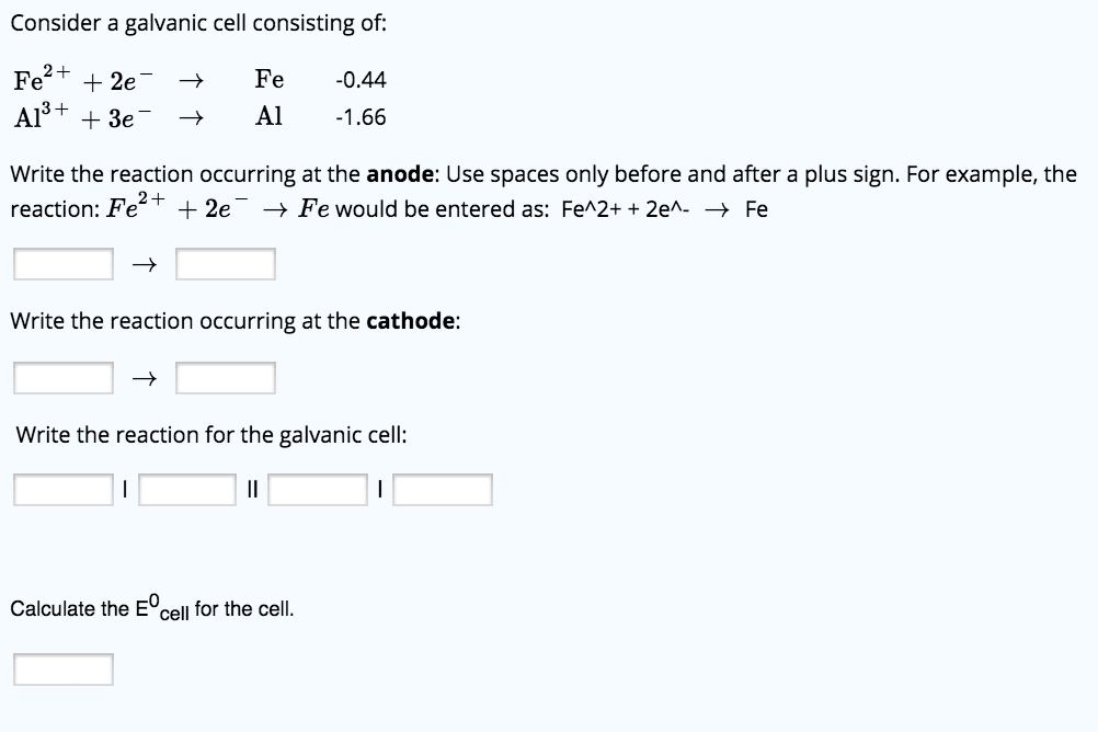 Solved Consider a galvanic cell consisting of: Fe2 + +2e-→ | Chegg.com