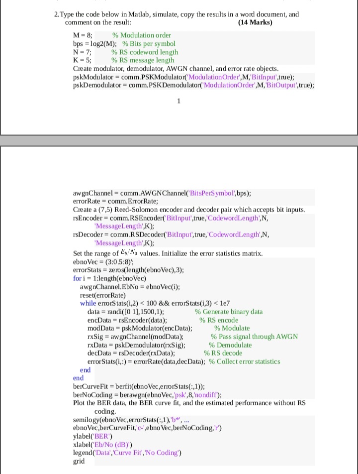 Solved 2.Type the code below in Matlab, simulate, copy the | Chegg.com