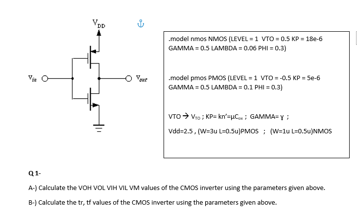 Solved VDD .model nmos NMOS (LEVEL = 1 VTO = 0.5 KP = 18e-6 | Chegg.com