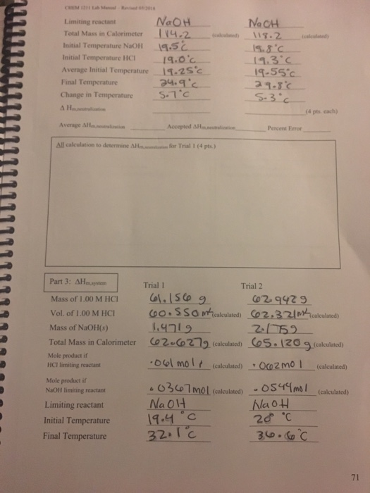 Solved Enthalpy of Dissolution and Neutralization Name | Chegg.com