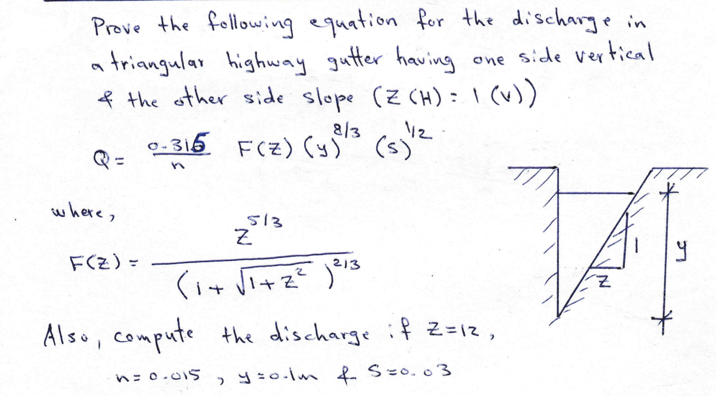 Solved one Prove the following equation for the discharge in | Chegg.com