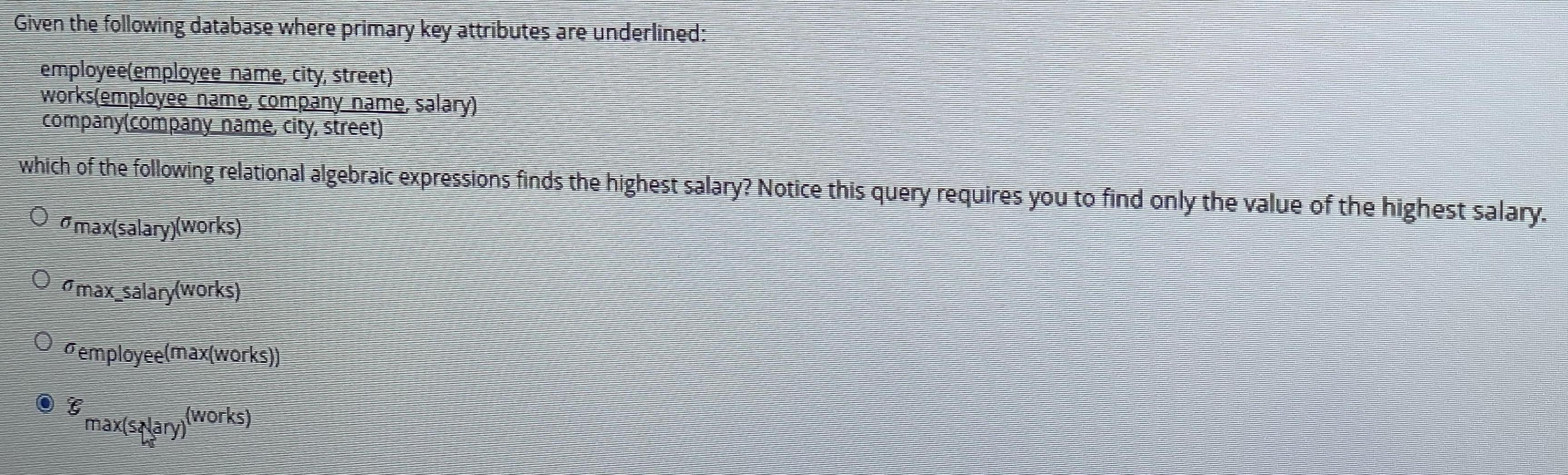 Solved Given the following database where primary key | Chegg.com