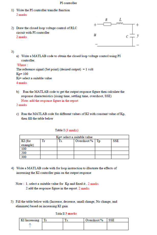 Solved PI controller 1) Write the PI controller transfer | Chegg.com