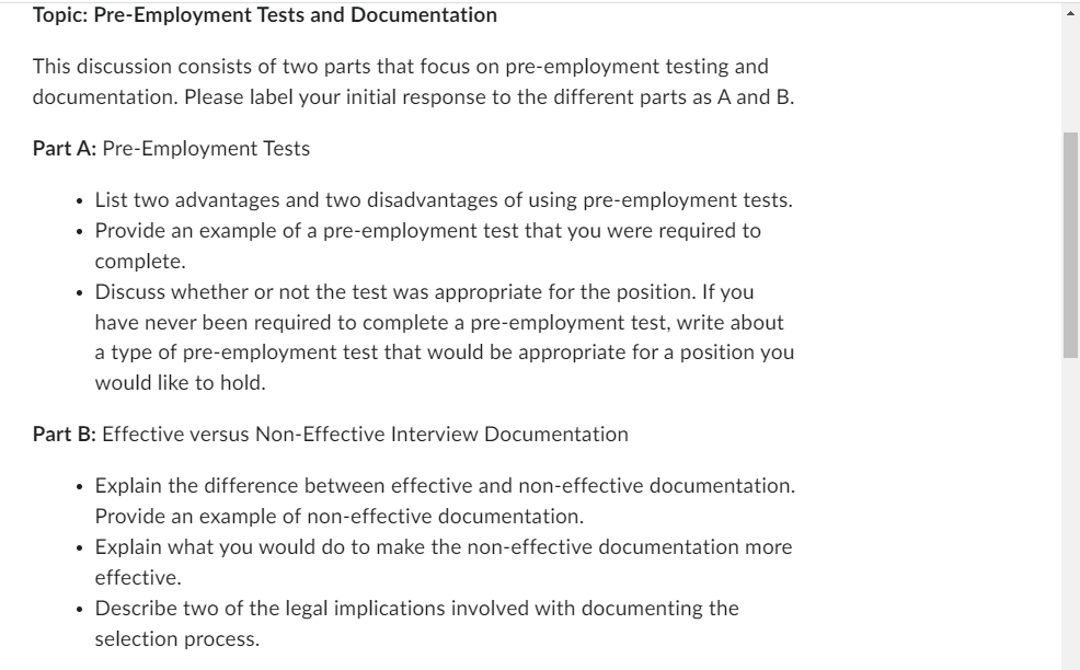 Solved Topic: Pre-Employment Tests and Documentation This | Chegg.com