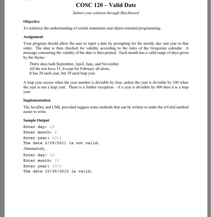 Solved COSC 120 Valid Date Submit your solution through | Chegg.com