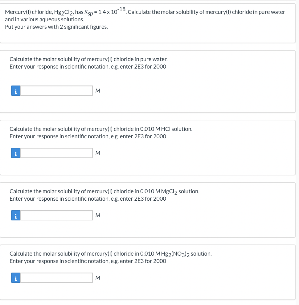 Solved Mercury (I) chloride, Hg2Cl2, has KSp=1.4×10−18. | Chegg.com