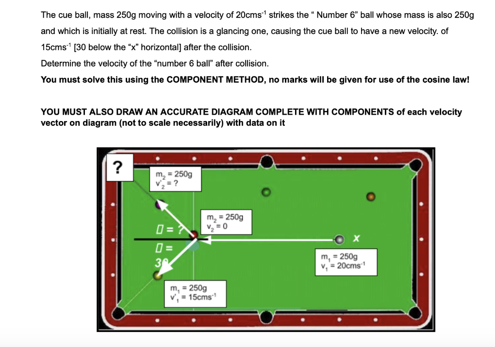 Solved The cue ball, mass 250g moving with a velocity of | Chegg.com