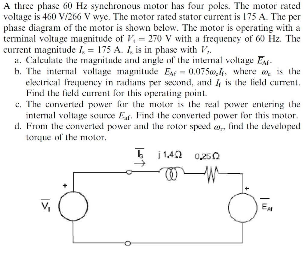 Solved A three phase 60 Hz synchronous motor has four poles. | Chegg.com