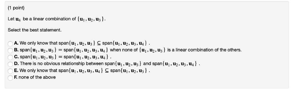 Solved (1 point) Let u4 be a linear combination of { ui , | Chegg.com
