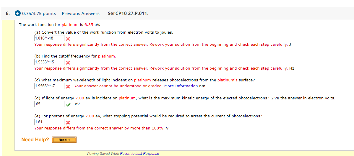 Solved 6. + 0.75/3.75 points Previous Answers SerCP10 | Chegg.com