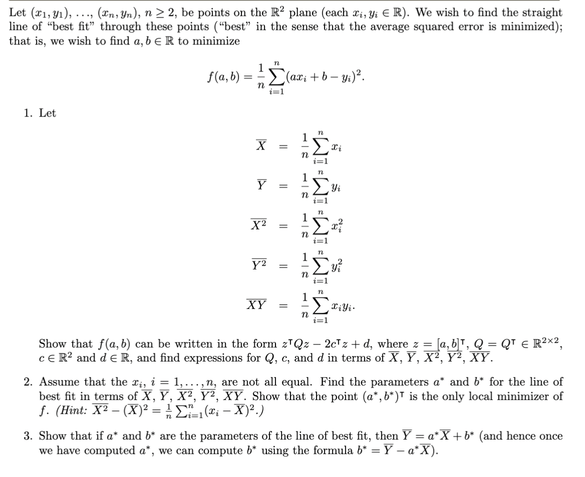 Solved Let (x1,y1),…,(xn,yn),n≥2, be points on the R2 plane | Chegg.com