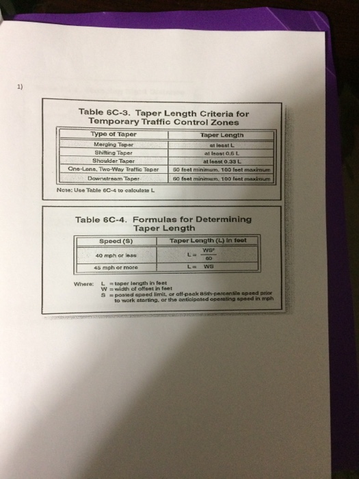 1) Table 6C-3. Taper Length Criteria for Temporary | Chegg.com