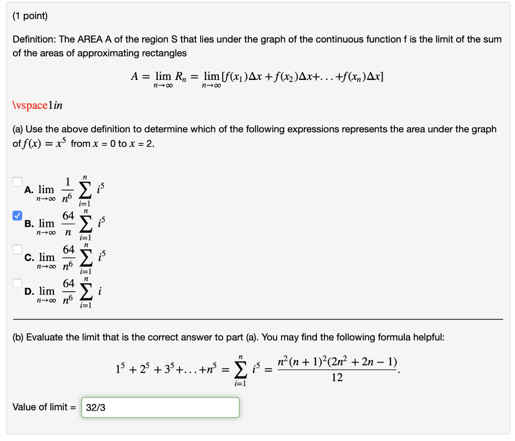 Solved (1 point) Definition: The AREA A of the region S that | Chegg.com