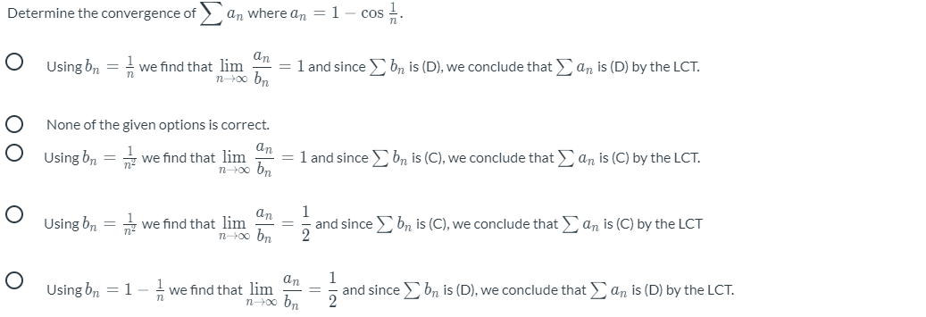 Solved KEY: LCT = LIMIT COMPARISON TEST ; C = CONVERGES ; | Chegg.com