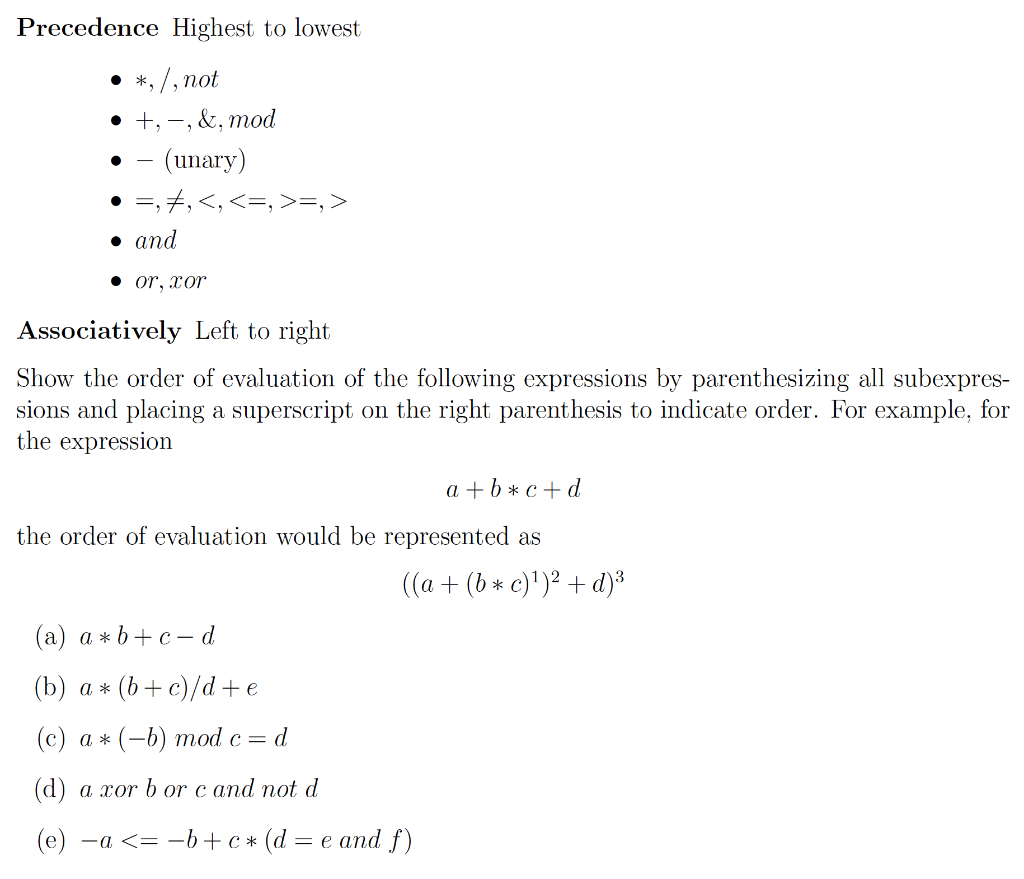 Solved Precedence Highest to lowest *,/, not +,-,&, mod | Chegg.com