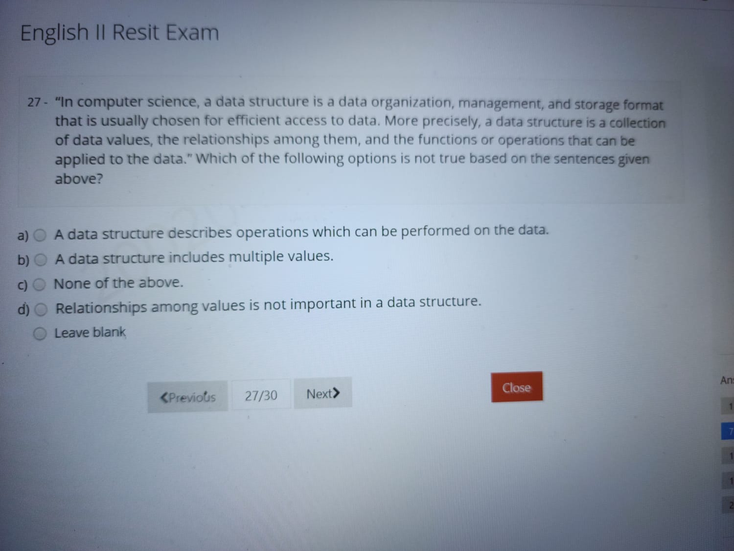 27. "In computer science, a data structure is a data | Chegg.com