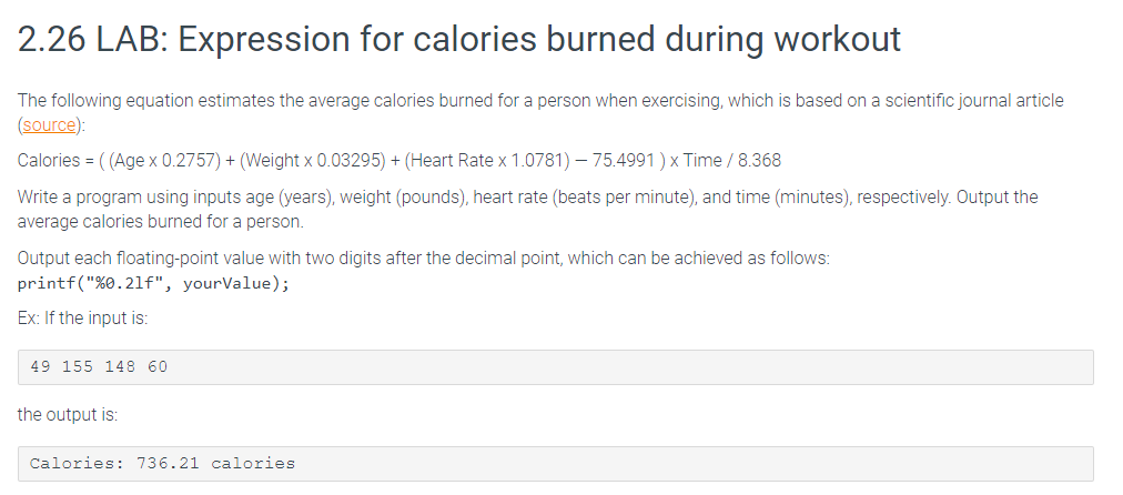 Solved 2.26 LAB: Expression for calories burned during | Chegg.com