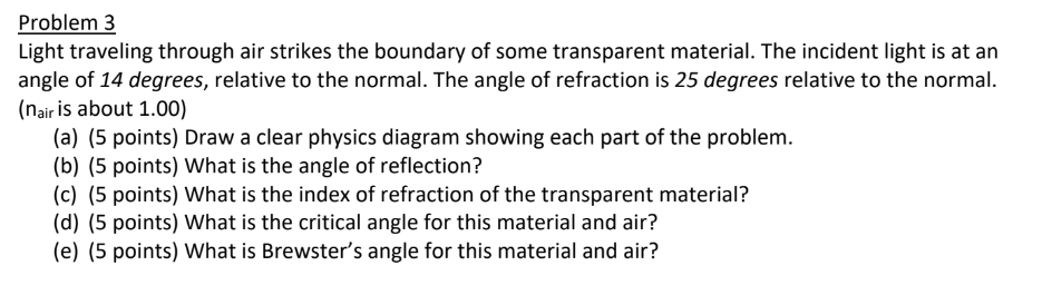 Solved Problem 3 Light traveling through air strikes the | Chegg.com