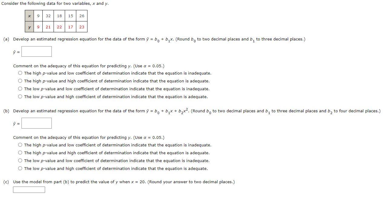 Solved Consider the following data for two variables, x and | Chegg.com