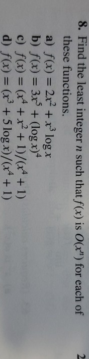 Solved 8. Find the least integer n such that f(x) is O(x") | Chegg.com