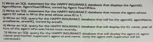 1) Write an SQL statement for the HAPPY INSURANCE | Chegg.com