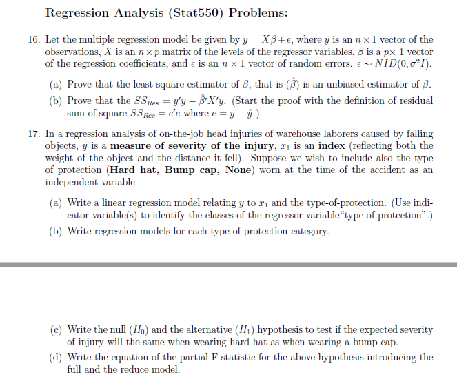 Solved Regression Analysis (Stat550) Problems: 16. Let the | Chegg.com