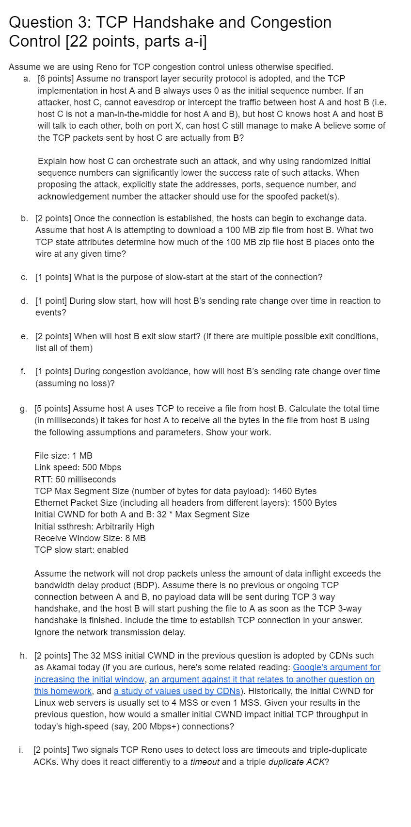 Question 3: TCP Handshake and Congestion Control [22 | Chegg.com
