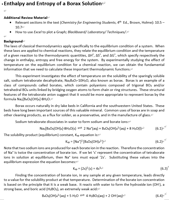 -Enthalpy and Entropy of a Borax Solution Additional | Chegg.com