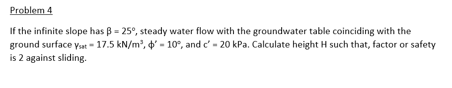 Solved Problem 4 If the infinite slope has ß = 25°, steady | Chegg.com